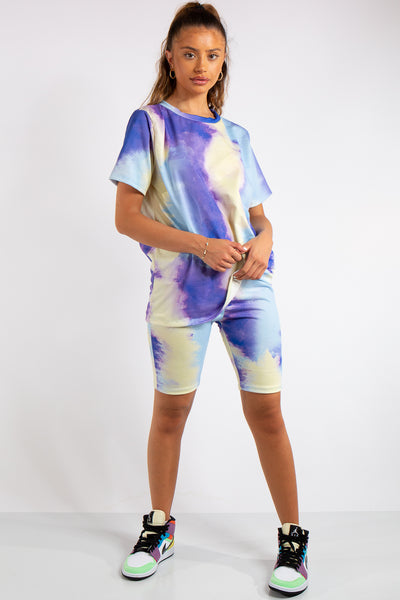 Zainab Purple/Yellow Tie Dye Oversized T-Shirt & Cycling Shorts Co-ord ...